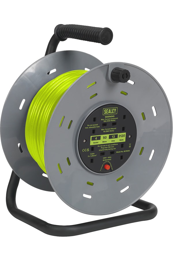 Sealey BCR50G Cable Reel with Thermal Trip 4 x 230V Sockets 50mtr (SLY ...