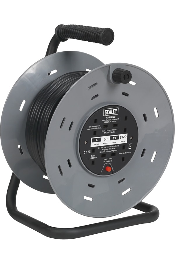 Sealey BCR50 Cable Reel 50mtr 4x 230V 1.25mm² Thermal Trip (SLY-BCR50 ...